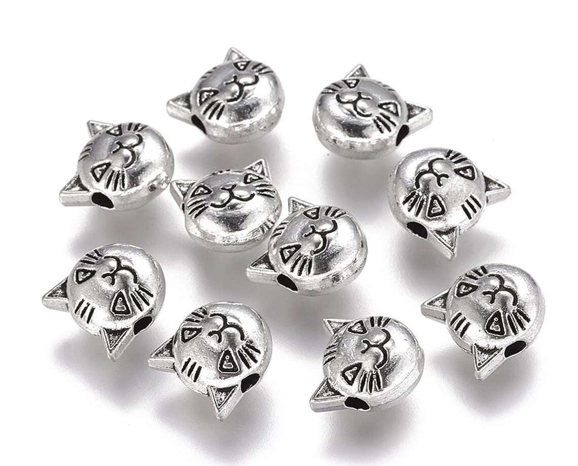 5pcs-silver Tone Cat Head Metal Beads, Animal Space Beads for Jewelry ...