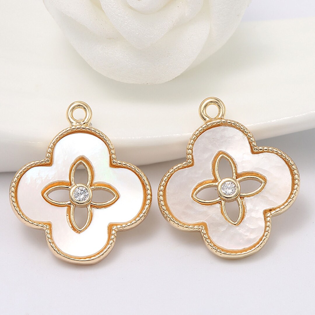2pcs- 14K Gold Plated MOP Shell Inlaid Clover Charm W/ Cubic Zirconia ...