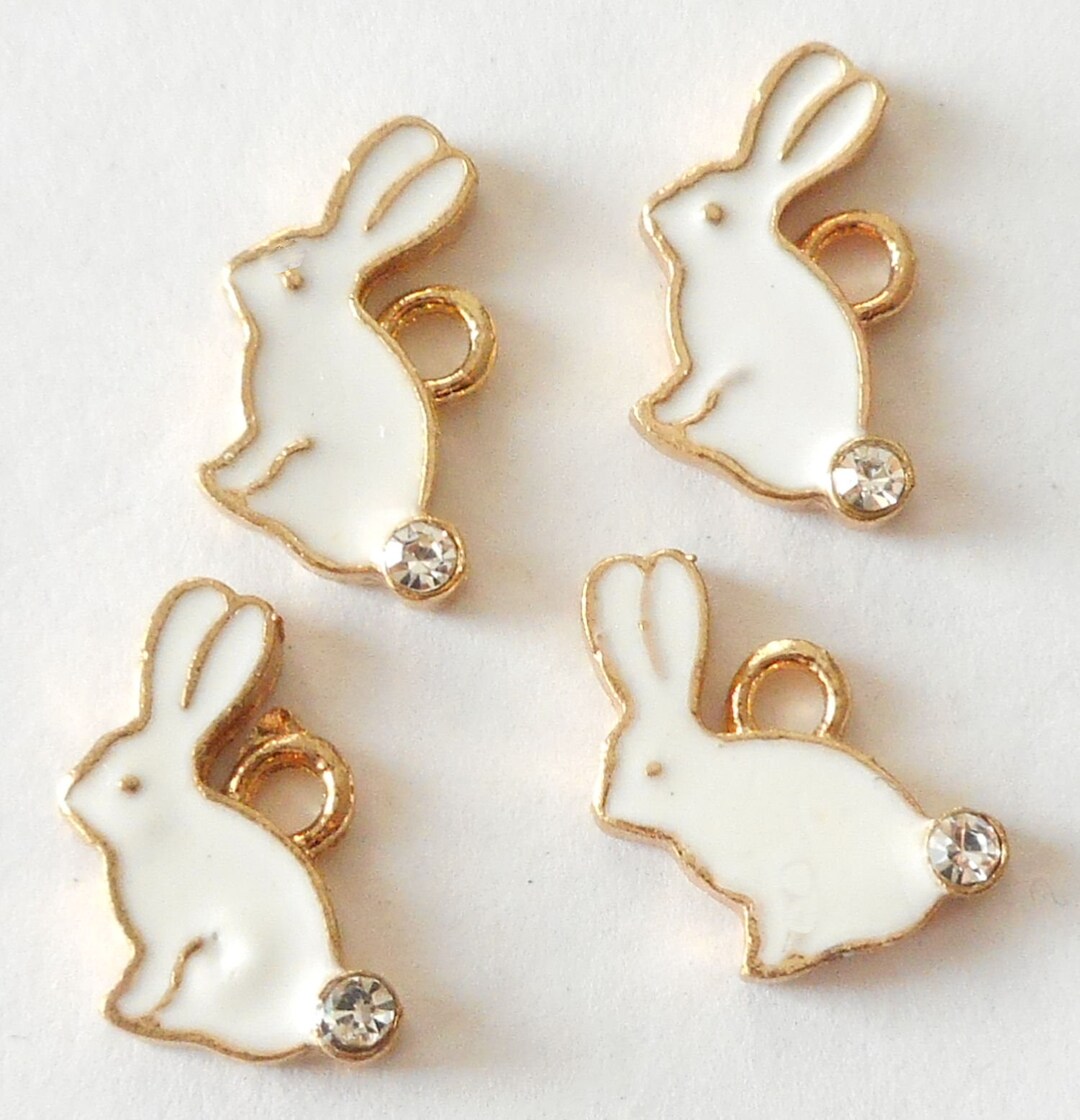 6pcs-gold Tone Enamel White Bunny Charm-enamel Rabbit Charm W/ Clear ...