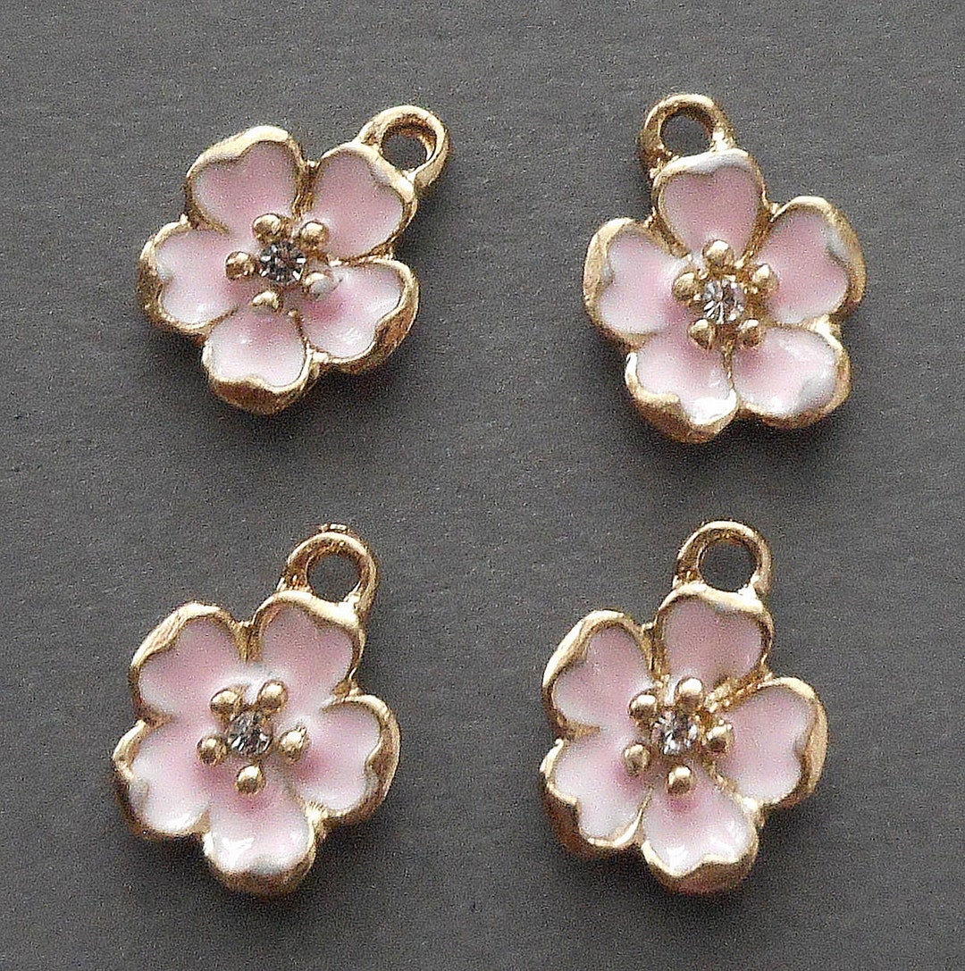 6pcs-gold Tone Enamel Pink Flower Charm W/ Rhinestone-more - Etsy