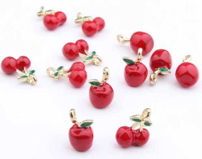 6pcs-3d Gold Tone Enamel Red Cherry Charm Enamel Red Apple - Etsy