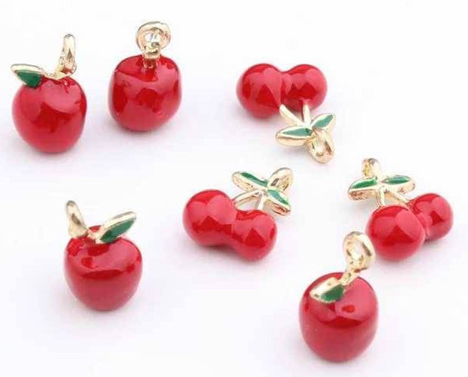 6pcs-3d Gold Tone Enamel Red Cherry Charm Enamel Red Apple - Etsy