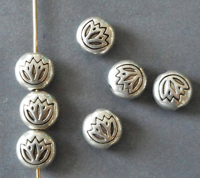 10pcs-2 sided Lotus flower coin beads antique silver tone | Etsy