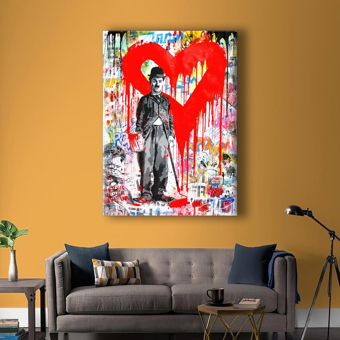 Charlie Chaplin Banksy Graffiti Canvas Wall Art – Red Heart Framed ...