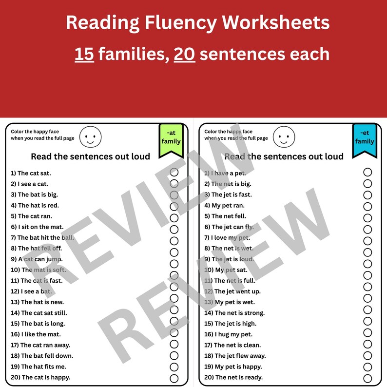 Early Reading Fluency Worksheets | Word Family Sentences (PDF) - Etsy