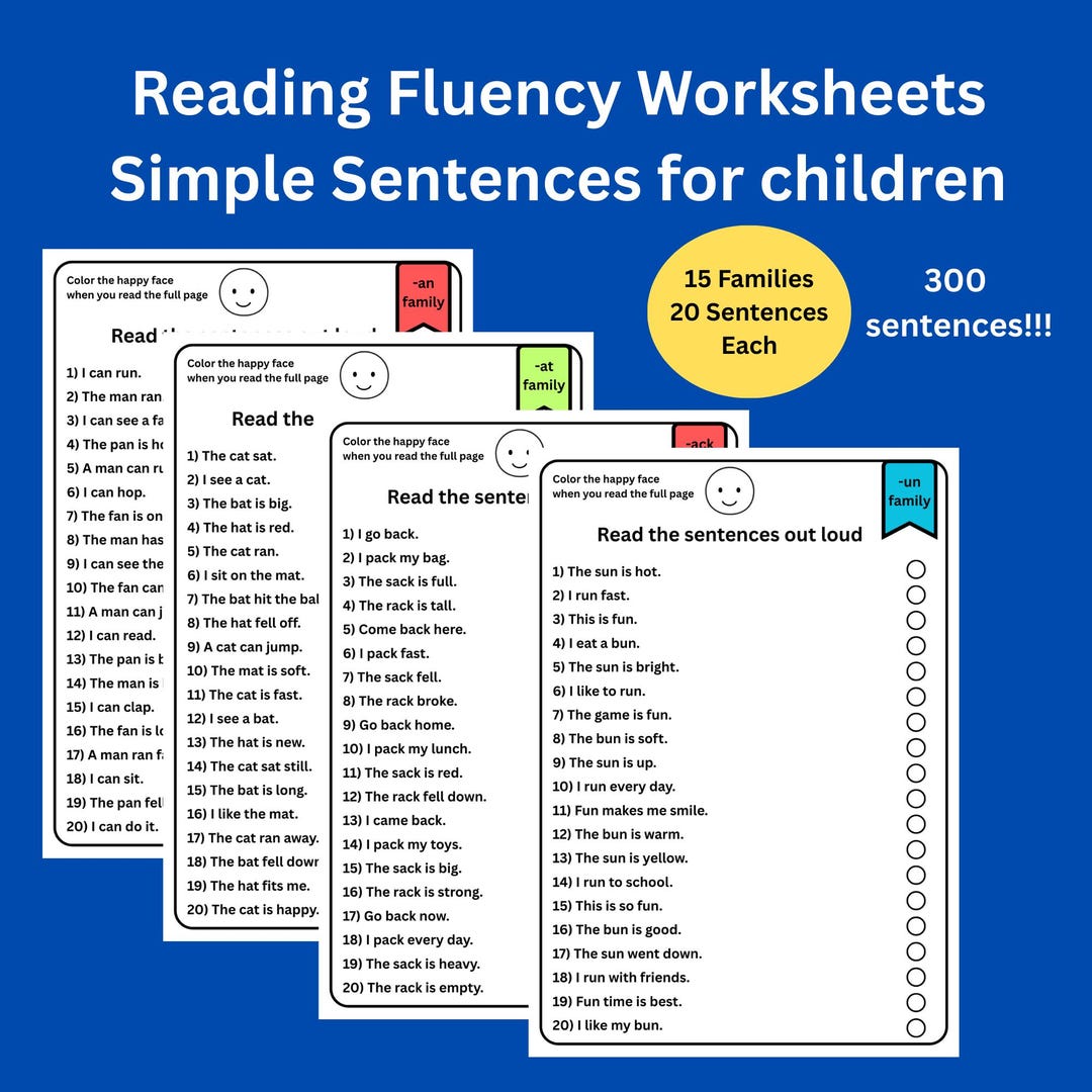 Early Reading Fluency Worksheets | Word Family Sentences (PDF) - Etsy