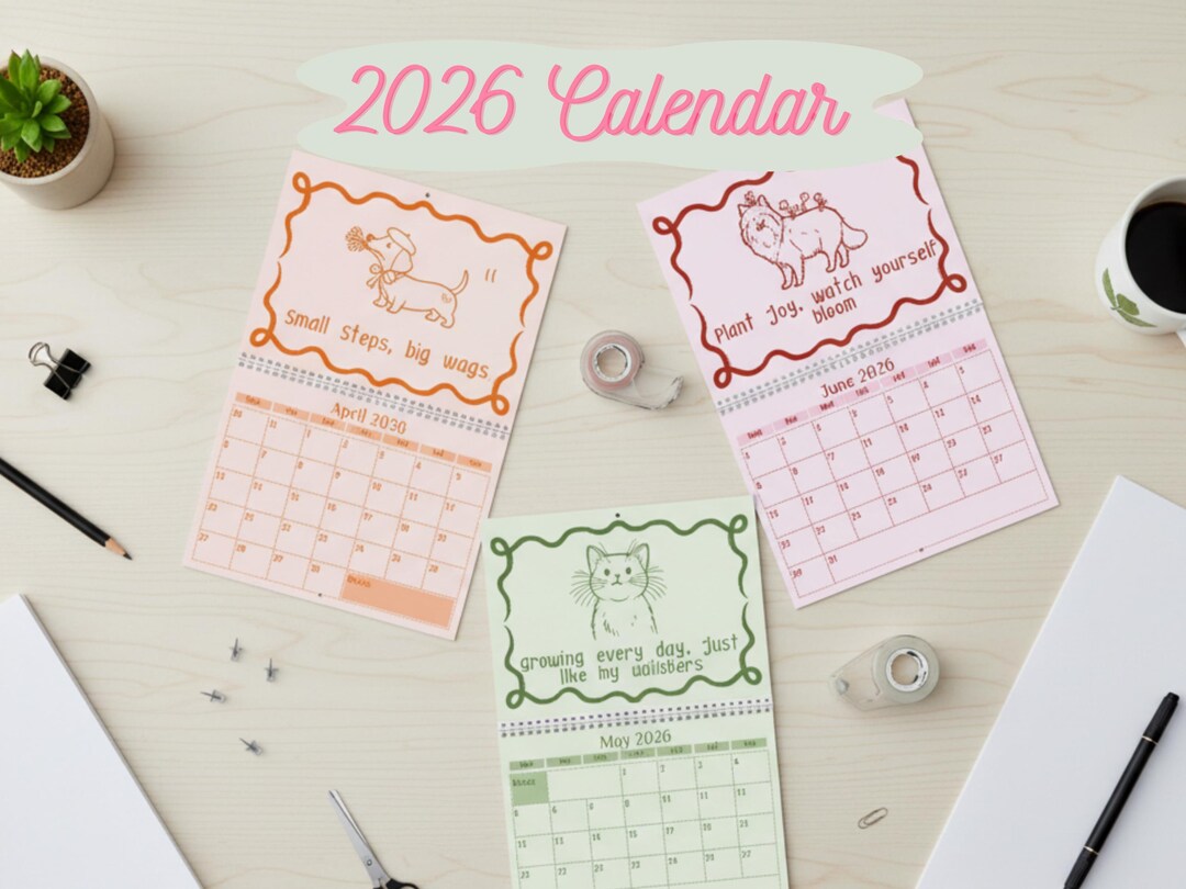 2026 Wall Calendar Cute Pets • Kawaii Dog & Cat Designs • Pastel ...