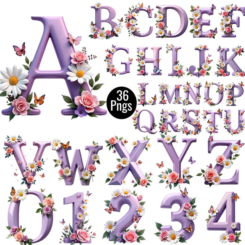 36 Purple Floral Alphabet PNG Bundle, Flower Monogram Letters & Numbers ...