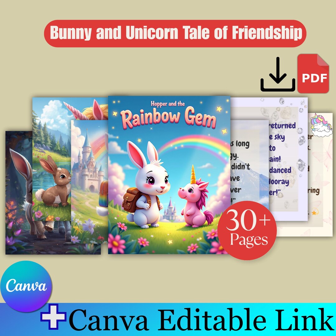 Bunny and Unicorn Kids Storybook | Rainbow Gem Adventure (digital PDF ...