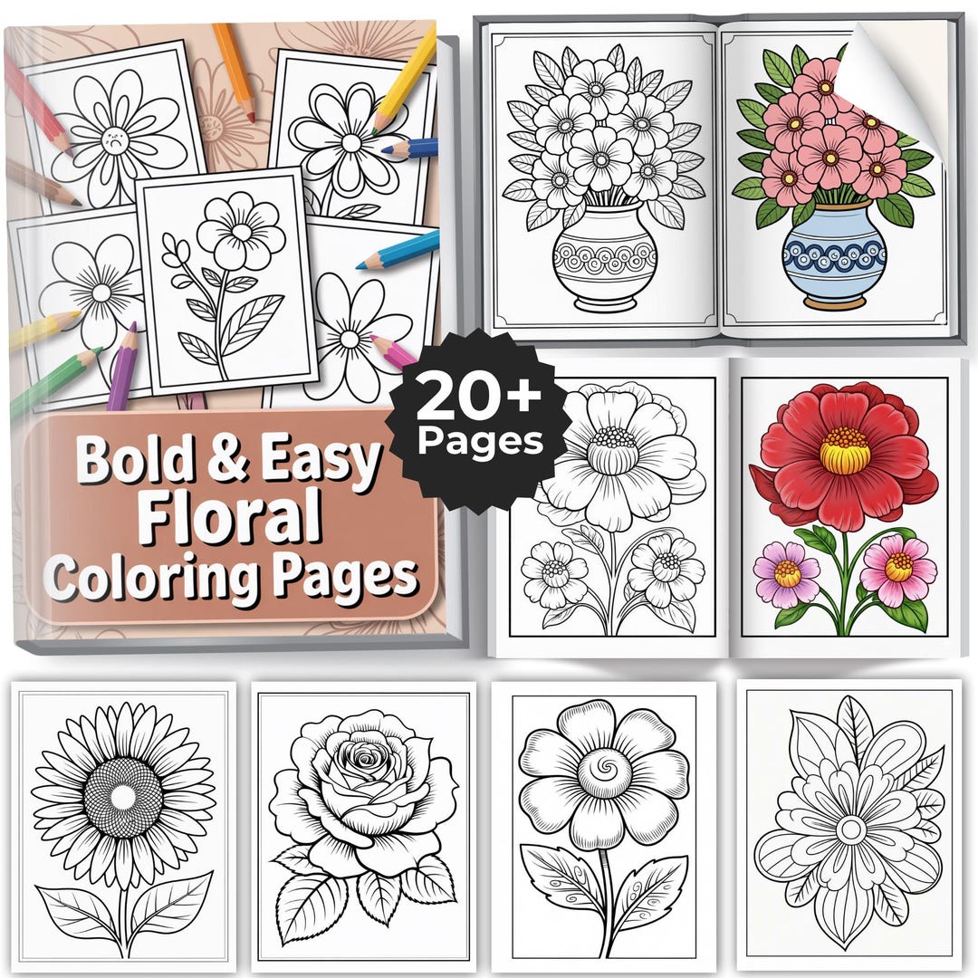 Simple Floral Coloring Pages, Kids & Adults, Botanical Designs (PDF) - Etsy