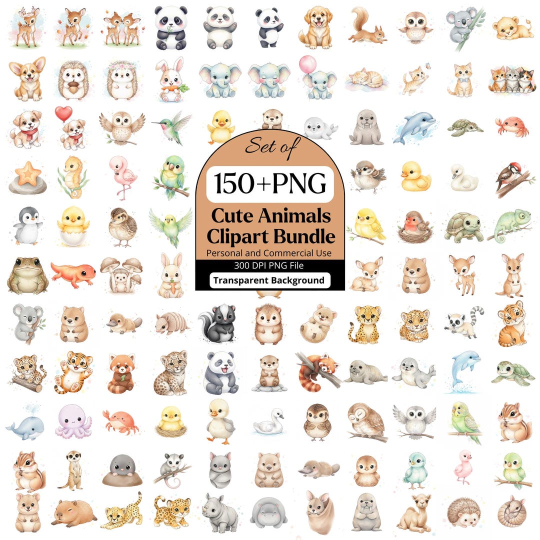 150+watercolor Cute Animals Clipart Bundle, Lion, Panda & Elephant ...