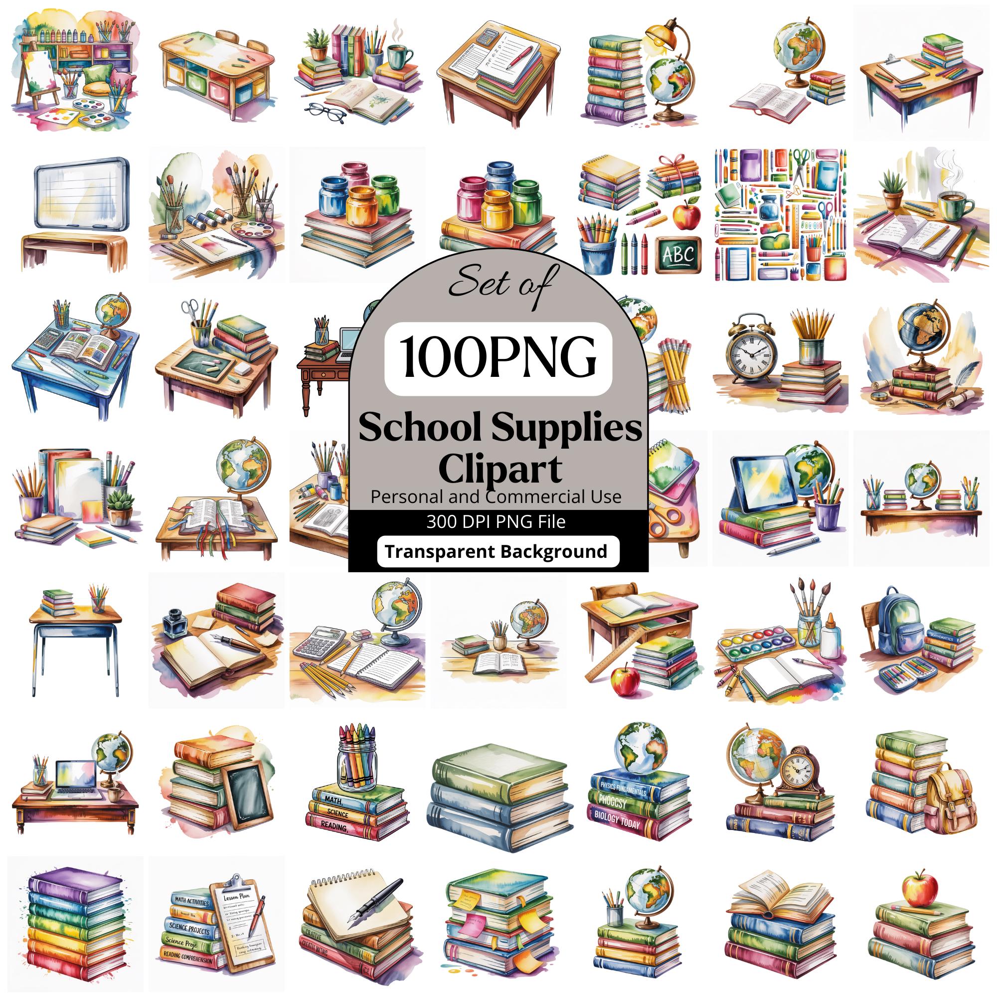 School Supplies PNG Clipart Bundle, Books, Desk, Globe, Paint, Pencils ...