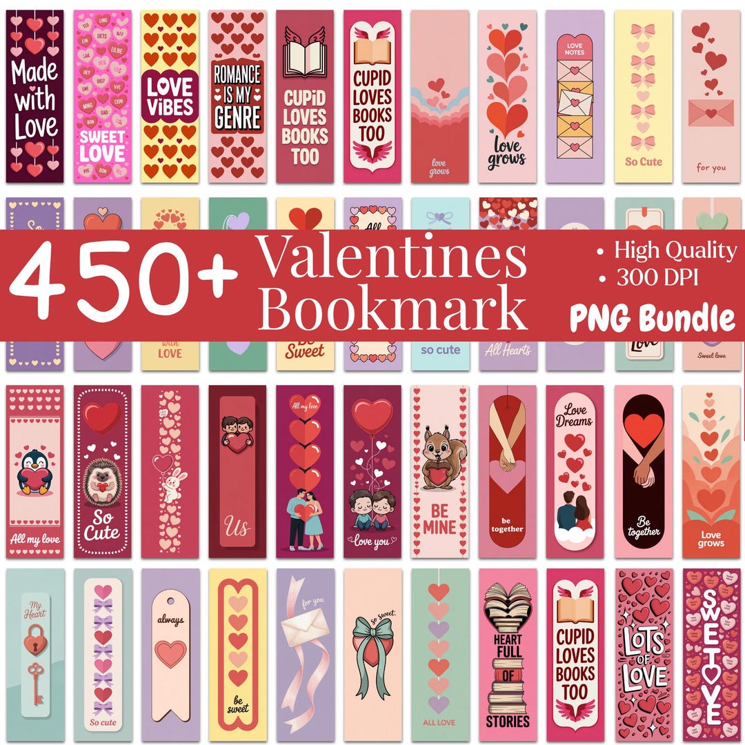 450+ Valentine's Bookmark PNG Mega Bundle, Cozy Vday Bookmark, Heart ...