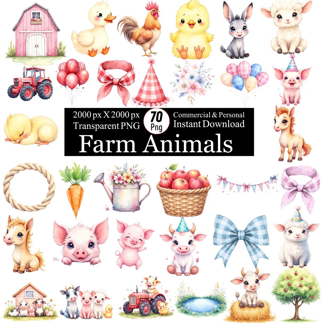 70 Farm Animals Clipart PNG Bundle, Highland Cow PNG, Watercolor Farm ...
