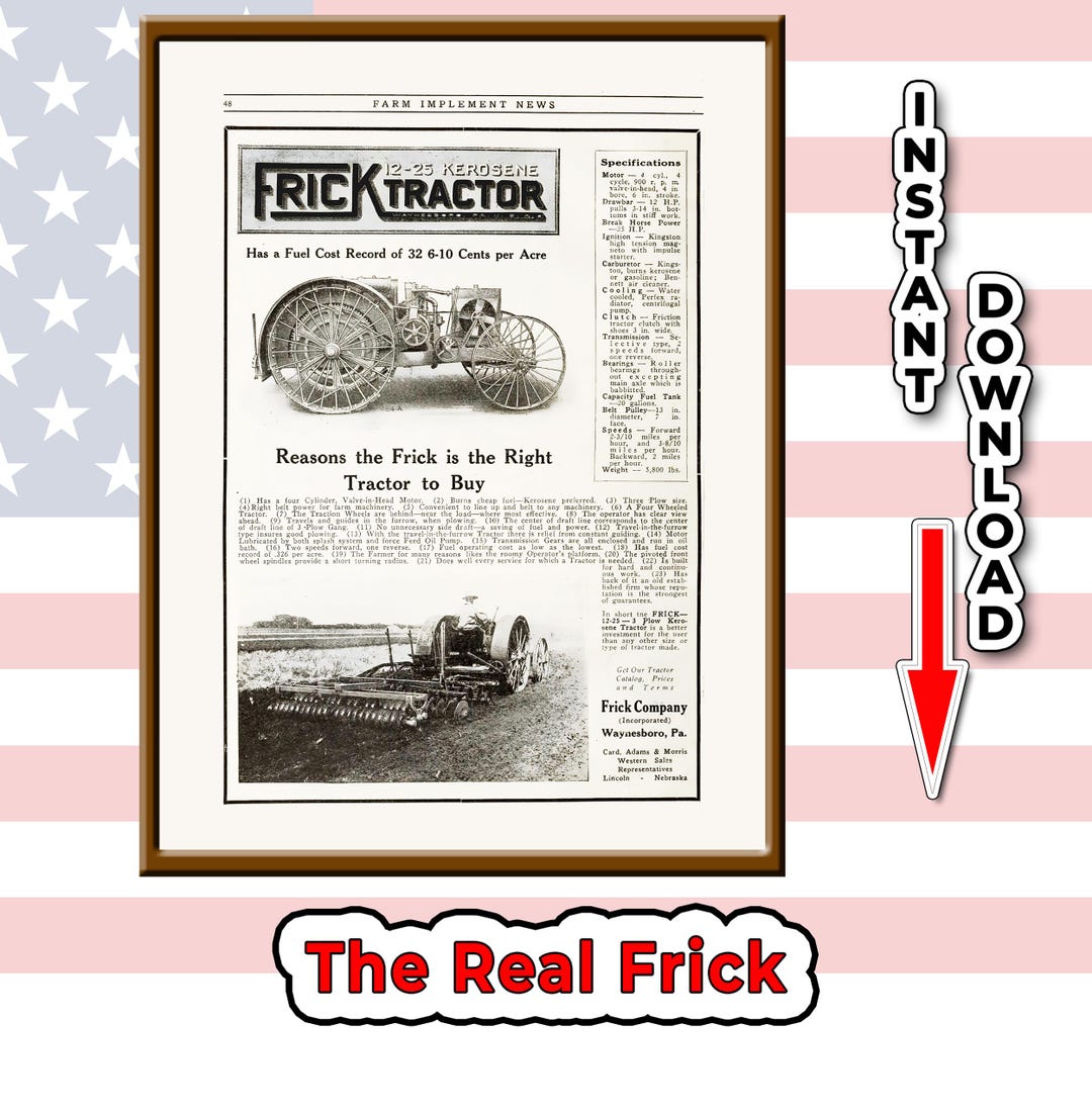 Oh Frick! 1919 Frick Farm Tractor Advertisement (instant Digital ...