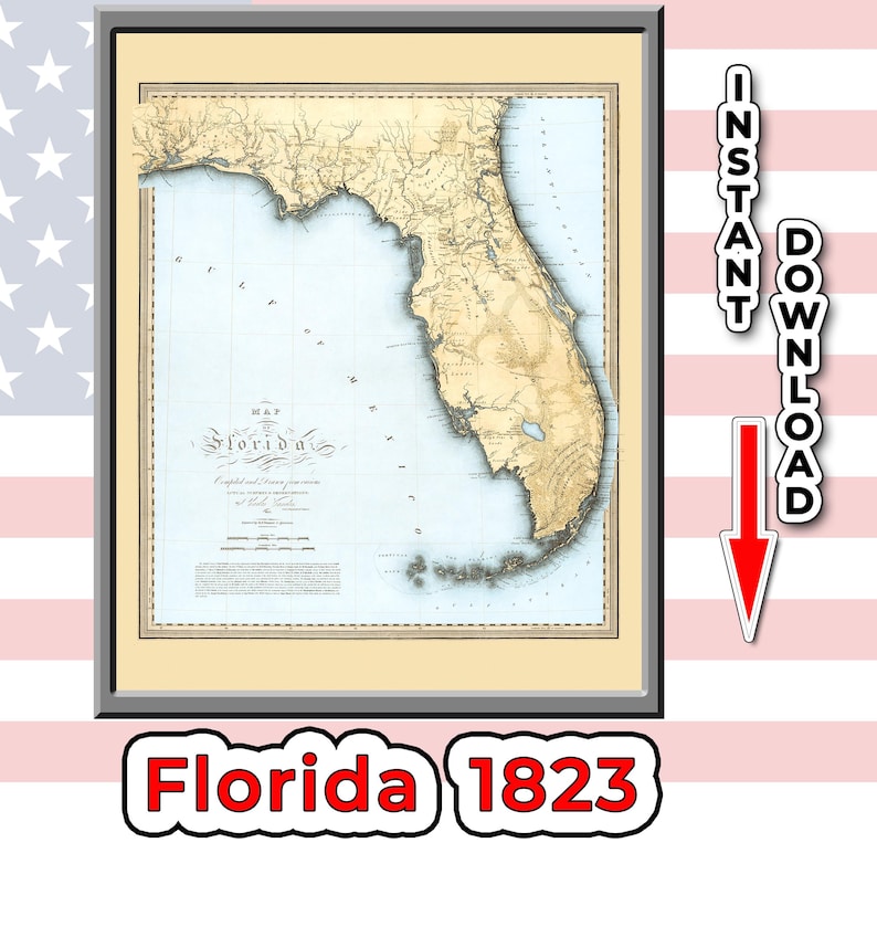 Antique 1823 Map of Florida, Digitized and Colorized. 24x30 Inches ...