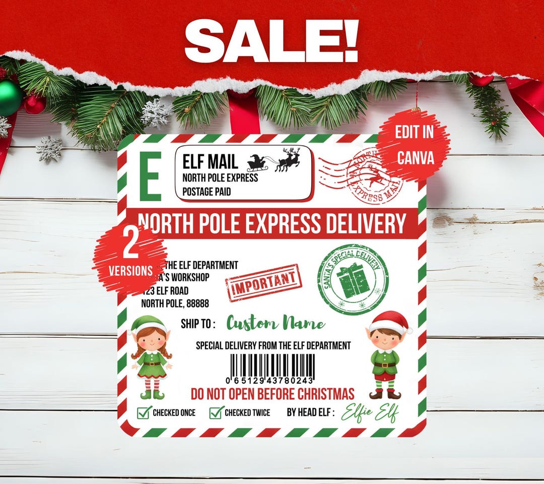 Editable Santa Shipping Label • North Pole Mail Template (canva Design ...