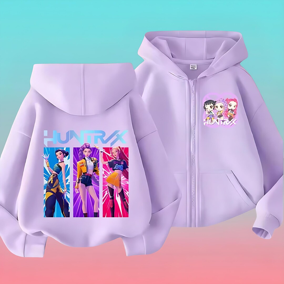 Kpop Demon Hunter Kids Zipper Hoodie | Rumi, Zoey, Mira Huntrix Hoodie ...