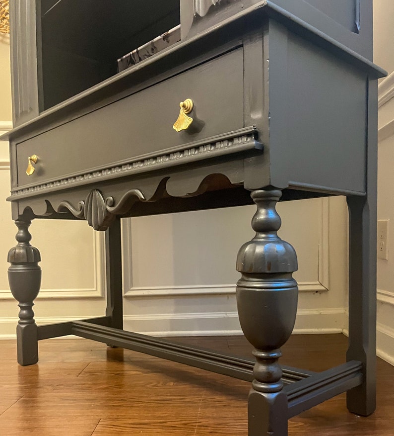 Dark Gray Painted China Cabinet - Antique Upcycled Hutch With Floral ...