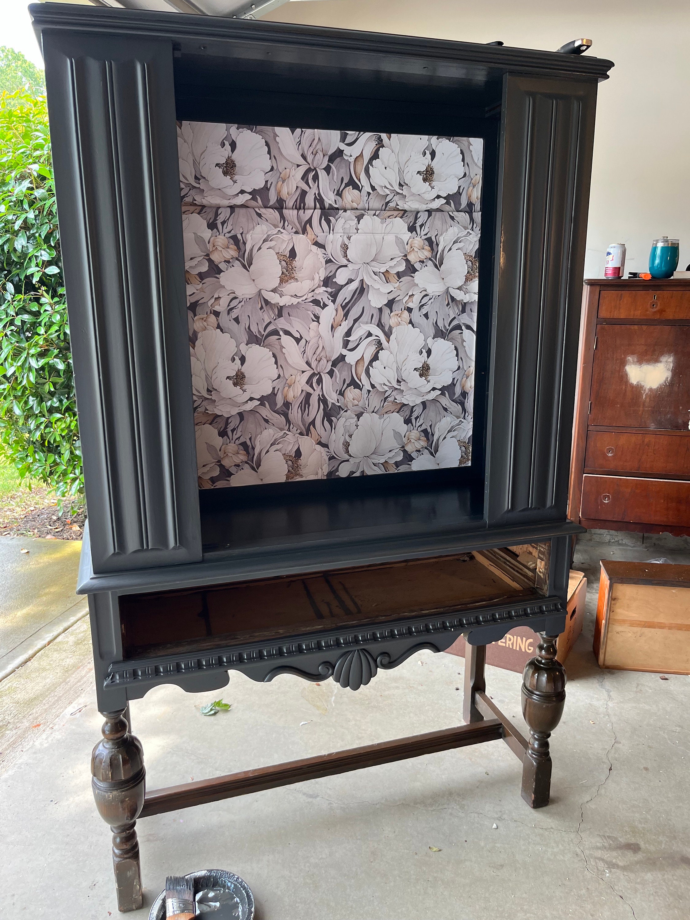 Dark Gray Painted China Cabinet - Antique Upcycled Hutch With Floral ...