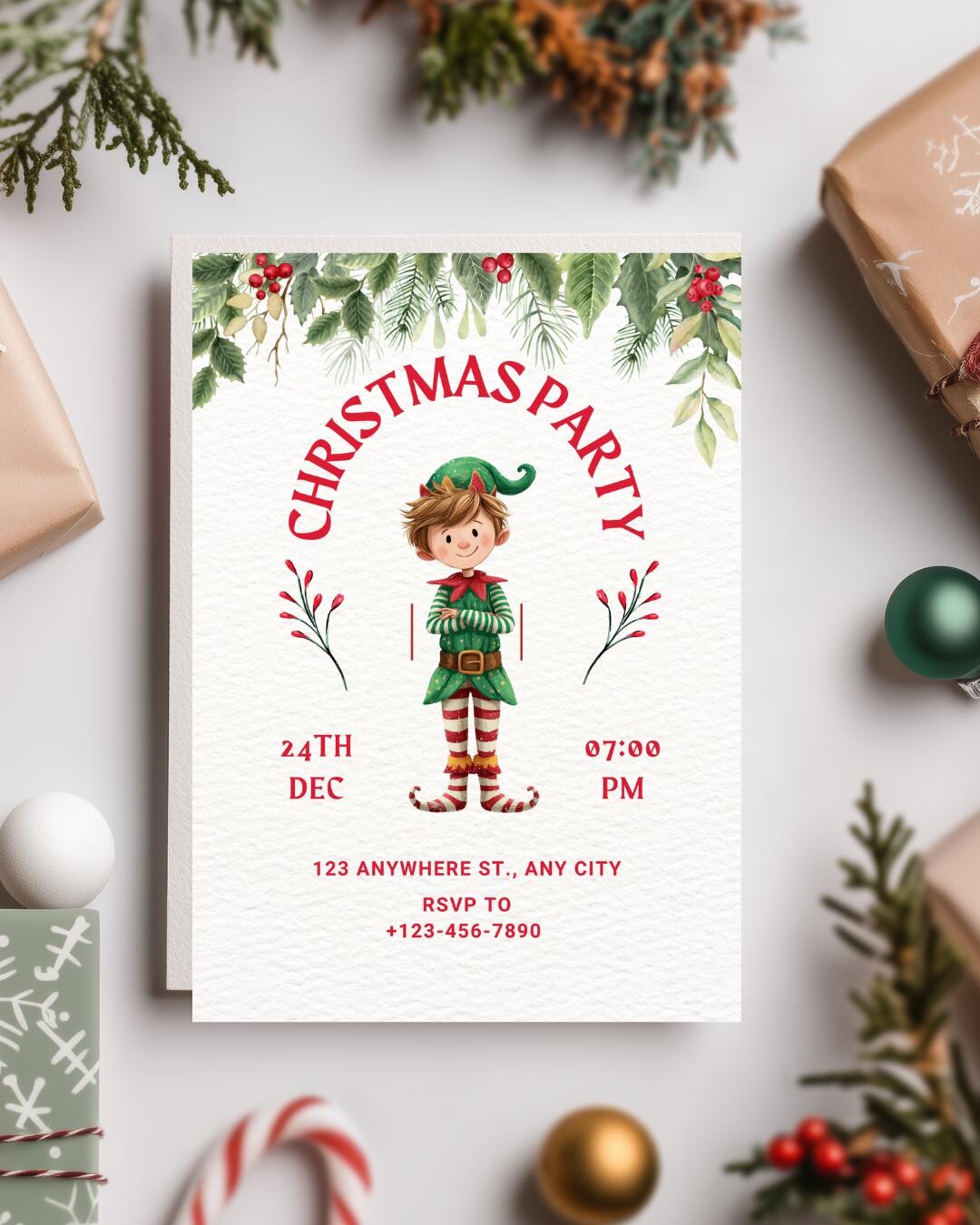 Elf Christmas Party Invitation | Watercolor Holiday Invite (digital ...
