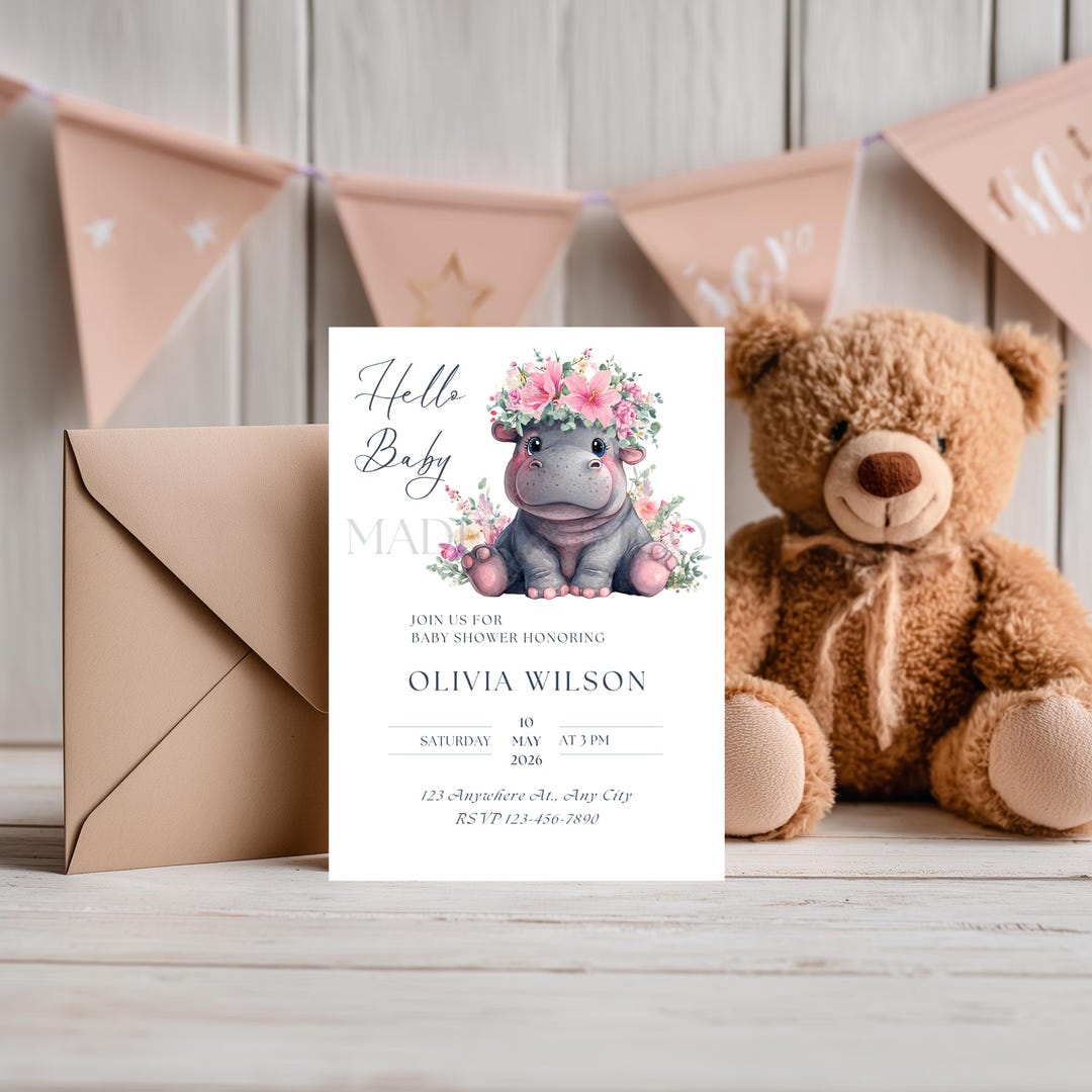 Hippo Baby Girl Shower Bundle | Baby Shower Editable Invitation Set ...