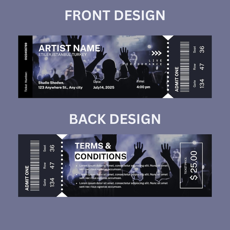 Editable Event Ticket Template Canva Concert Ticket Design Printable ...