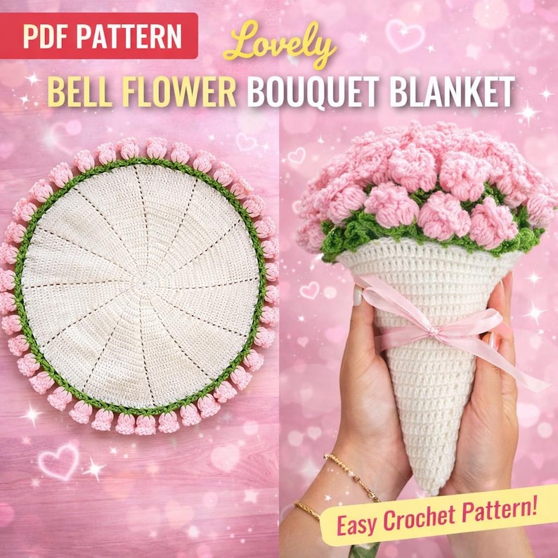 3 in 1 Bouquet Blanket Crochet Pattern, Roses Sunflower Bell Flower ...