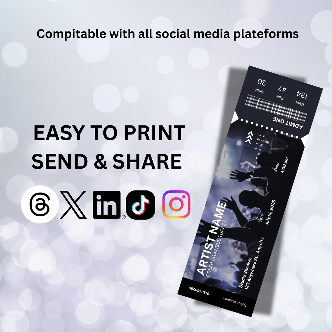 Editable Event Ticket Template Canva Concert Ticket Design Printable ...
