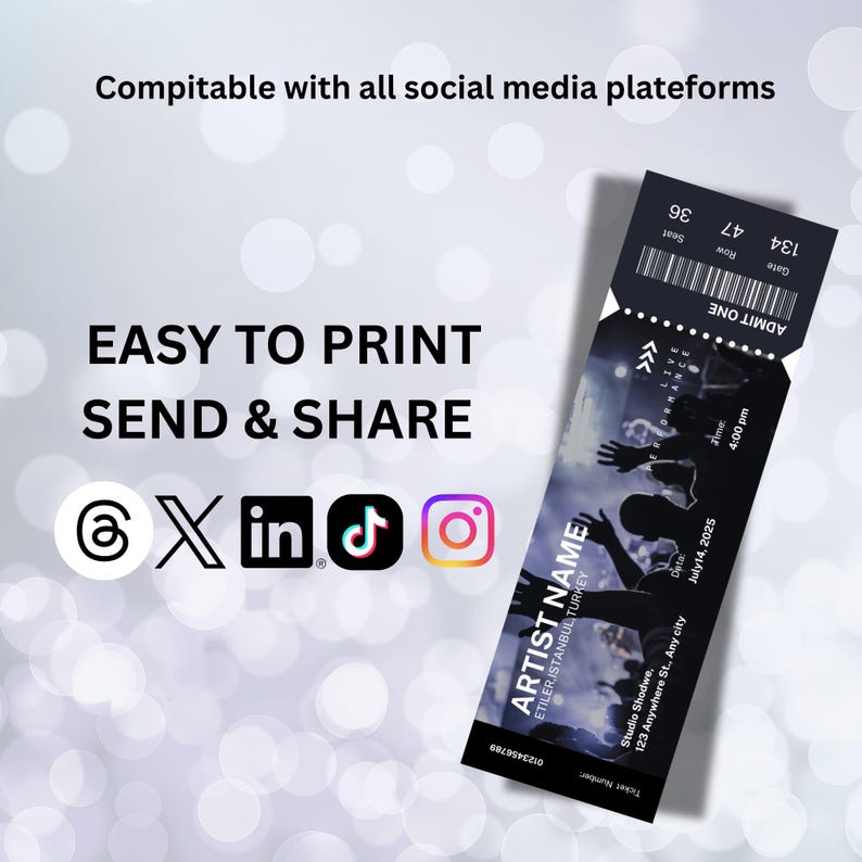 Editable Event Ticket Template Canva Concert Ticket Design Printable ...