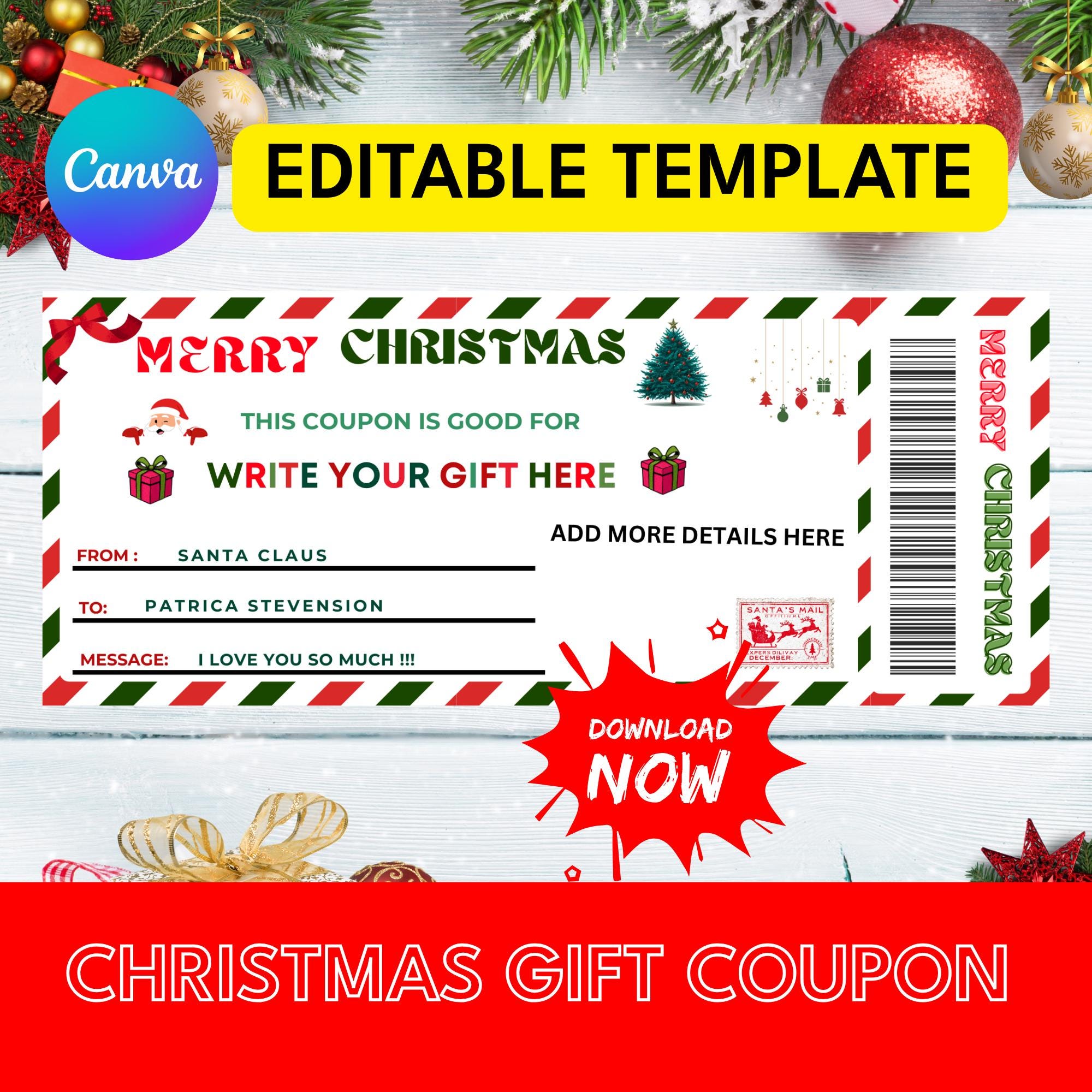 Printable Christmas Coupon Template | Editable Xmas Gift Ticket ...