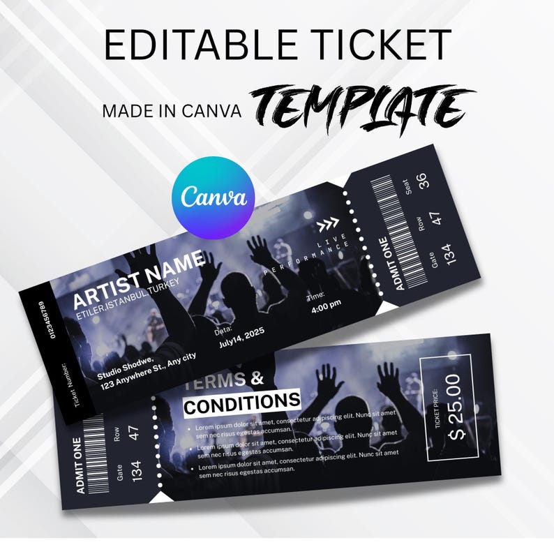 Editable Event Ticket Template Canva Concert Ticket Design Printable ...