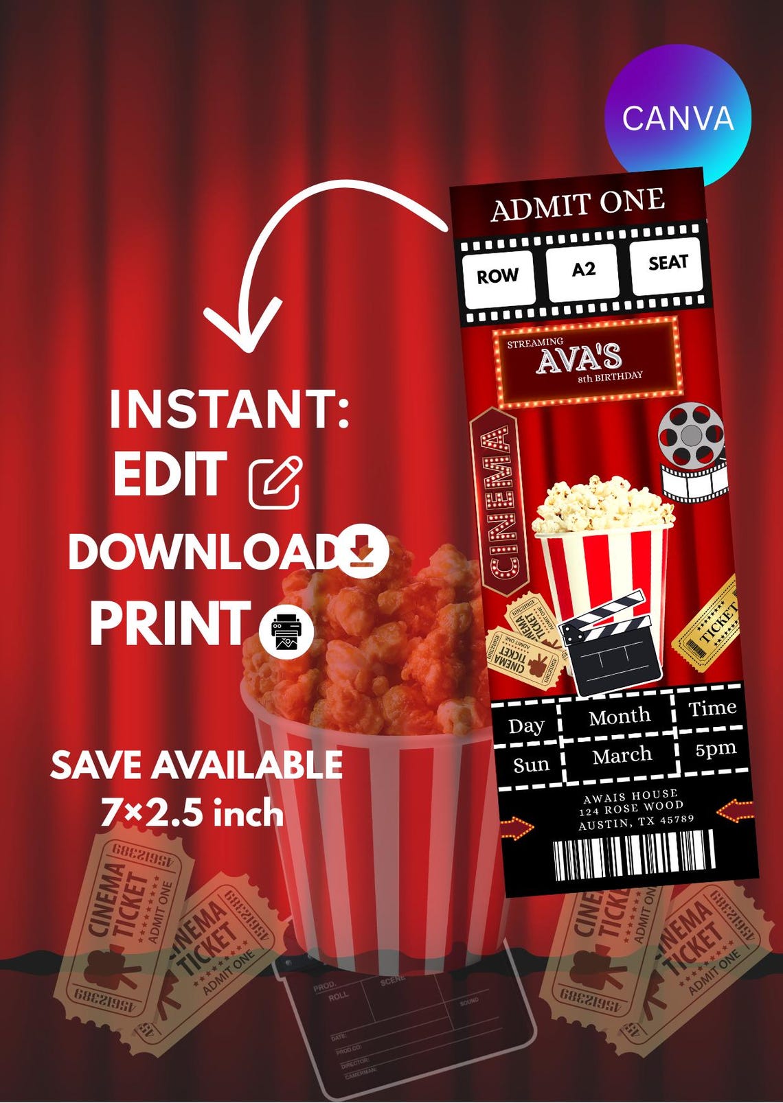 Editable Movie Ticket Template | Movie Night Ticket | Valentine Movie ...