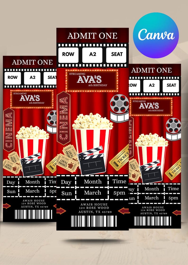 Editable Movie Ticket Template | Movie Night Ticket | Valentine Movie ...