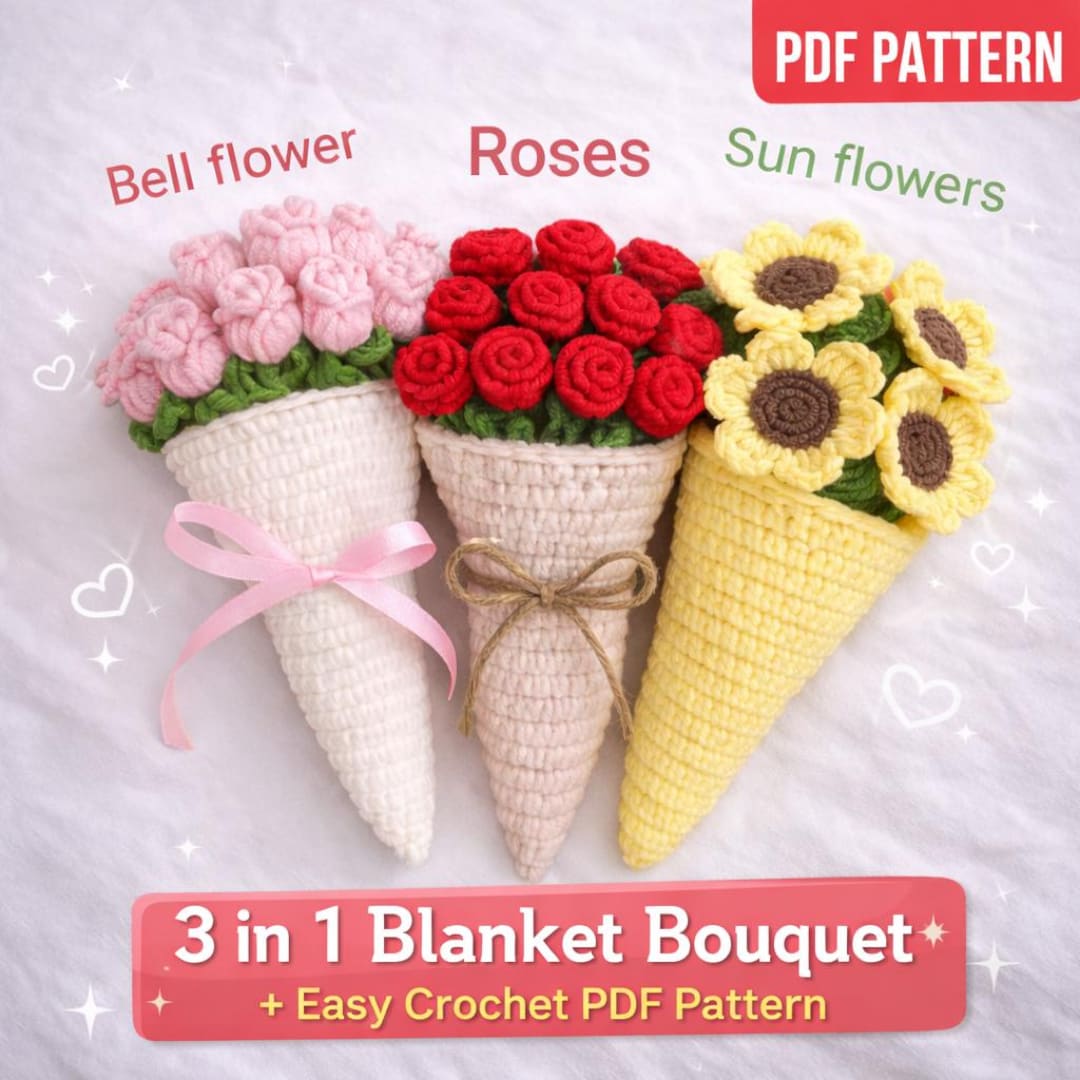 3 in 1 Bouquet Blanket Crochet Pattern, Roses Sunflower Bell Flower ...