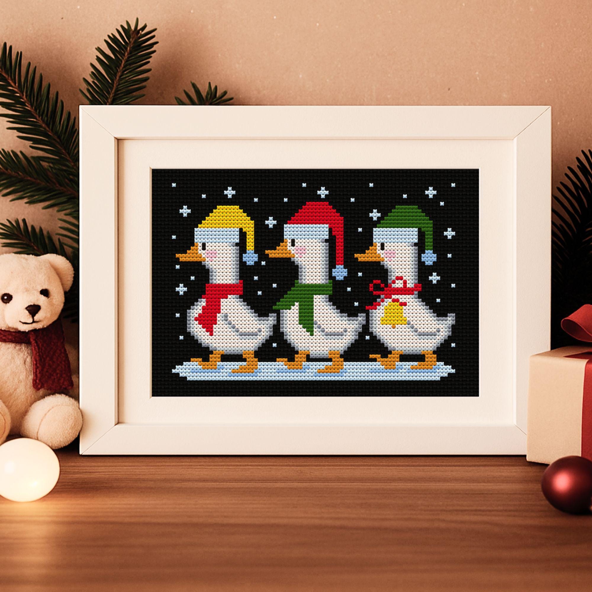 Three Christmas Geese in Colorful Hats Cross Stitch Pattern | Winter ...