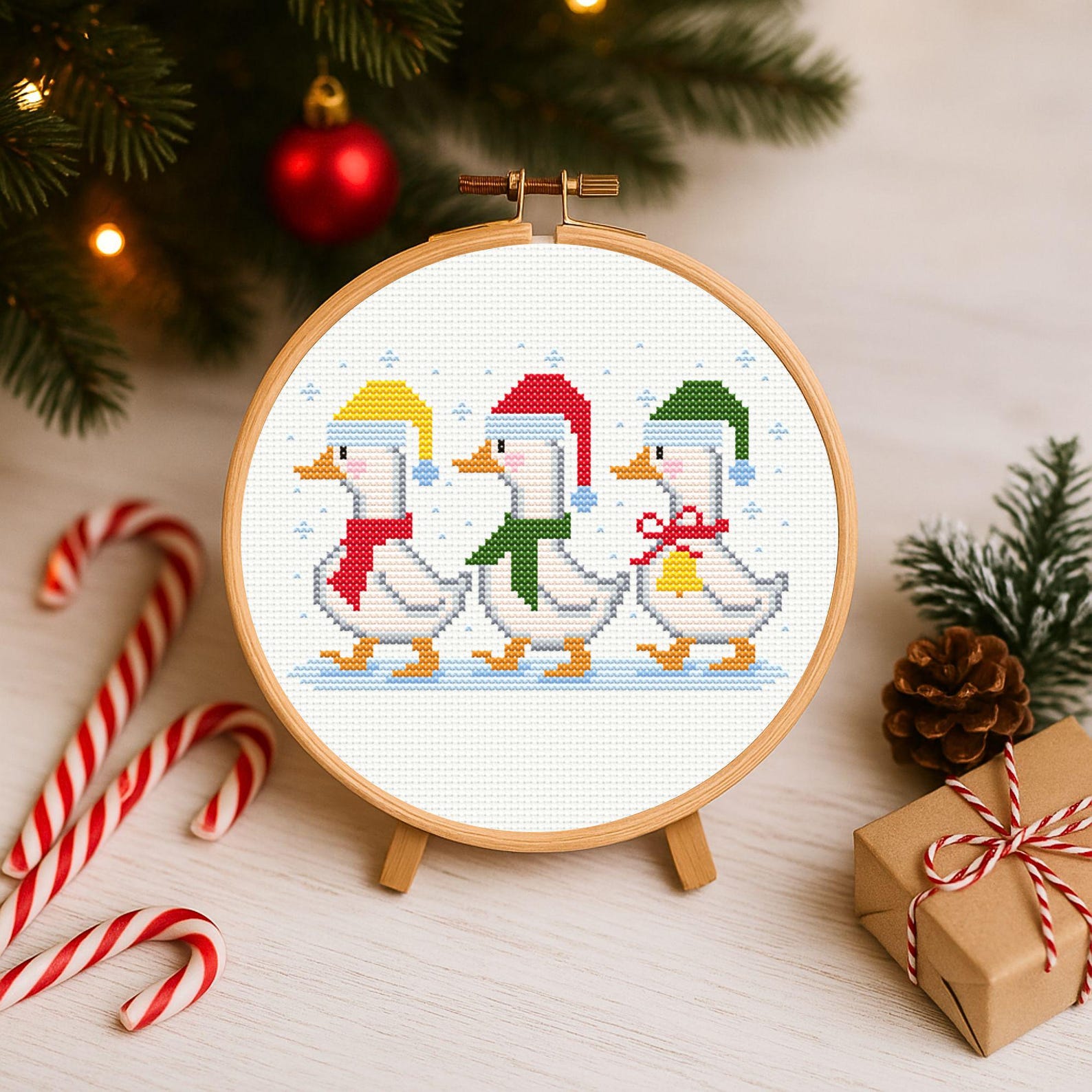 Three Christmas Geese in Colorful Hats Cross Stitch Pattern | Winter ...