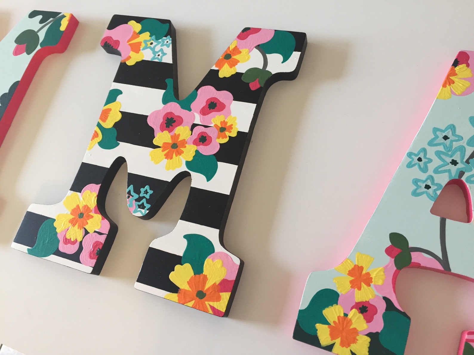 Custom Painted Girl's Wall Letters - Stripes / Floral - Etsy