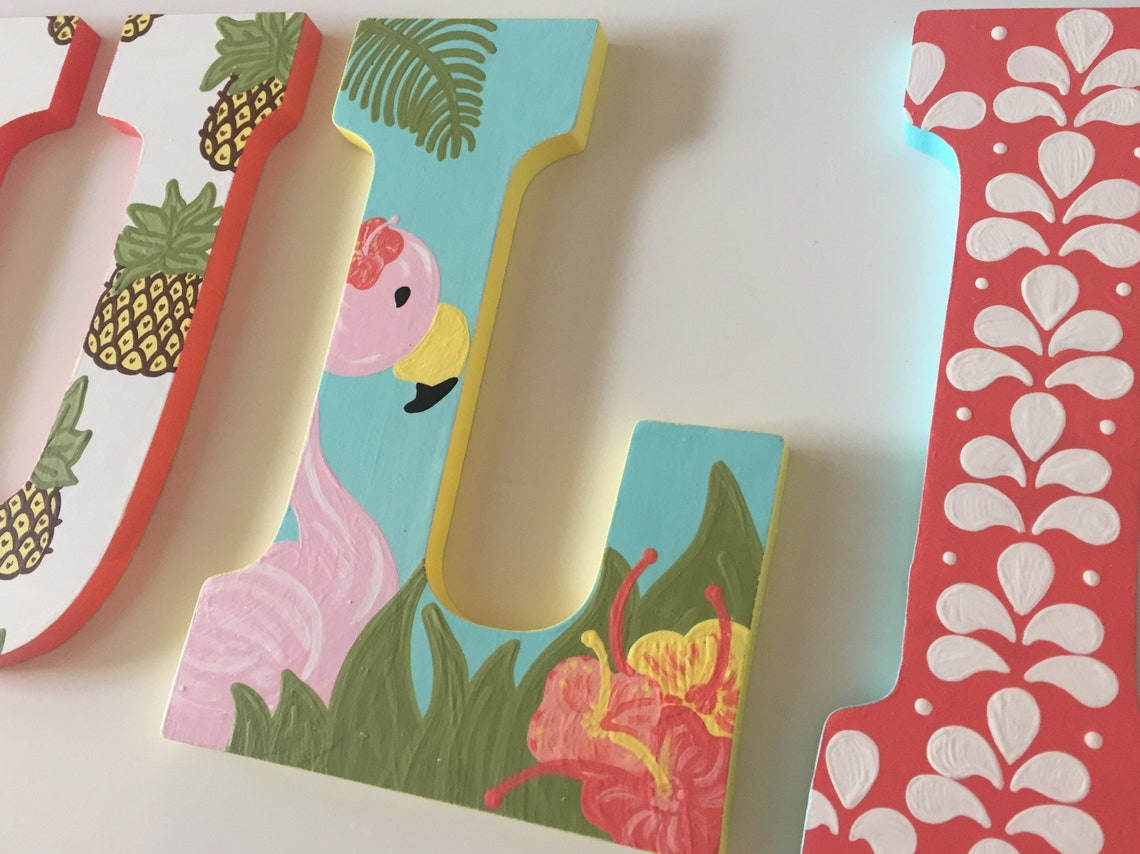 Custom Painted Tropical Themed Wall Letters - Flamingos / Pineapples - Etsy