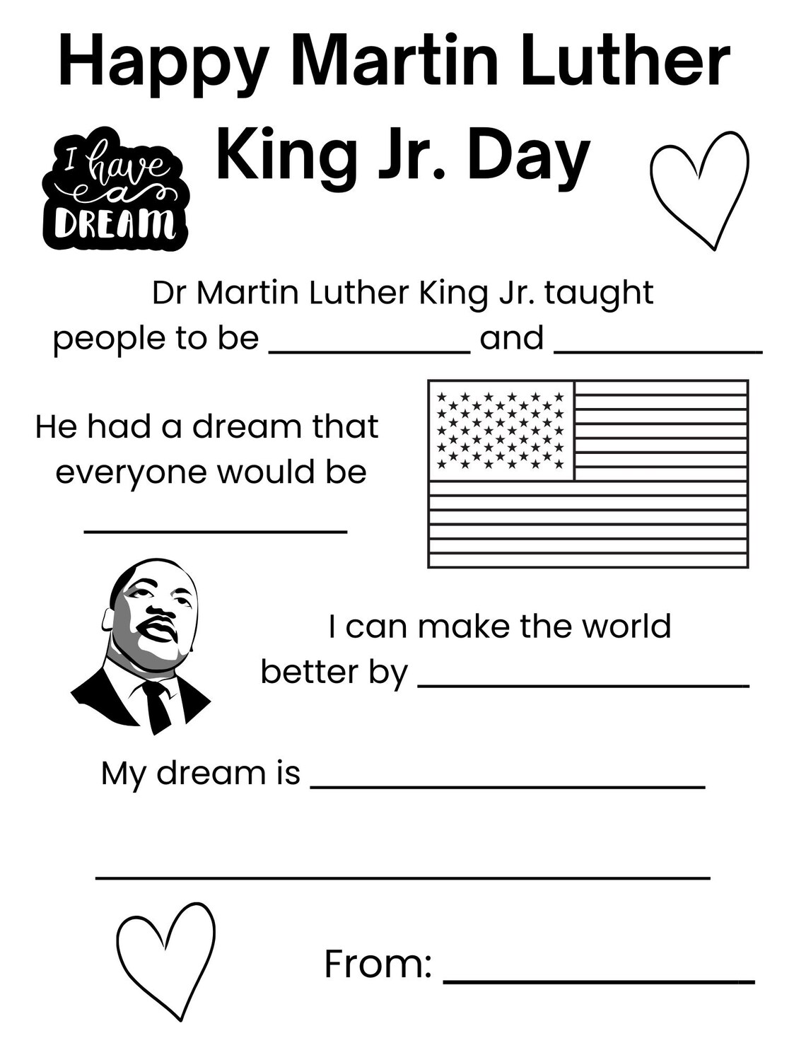 MLK Day Kids Worksheet | Preschool Printable Activity (PDF) - Etsy