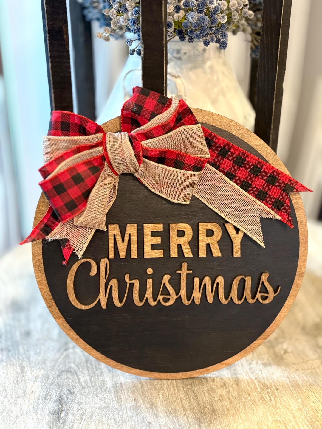 Handcrafted Merry Christmas Round Wood Sign With Buffalo Plaid Bow - Etsy