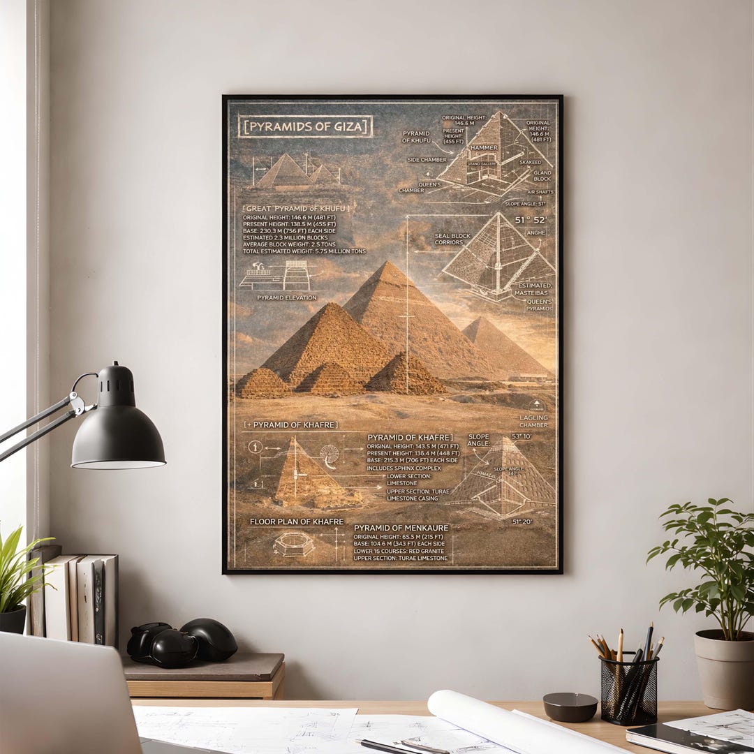 Great Pyramids of Giza Blueprint Poster, Ancient Egypt Wall Art ...