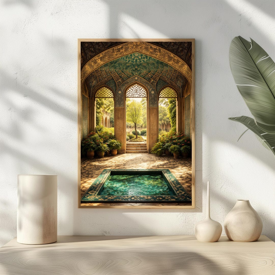 Persian Garden Wall Art, Emerald Green Courtyard Print, Islamic Arch ...