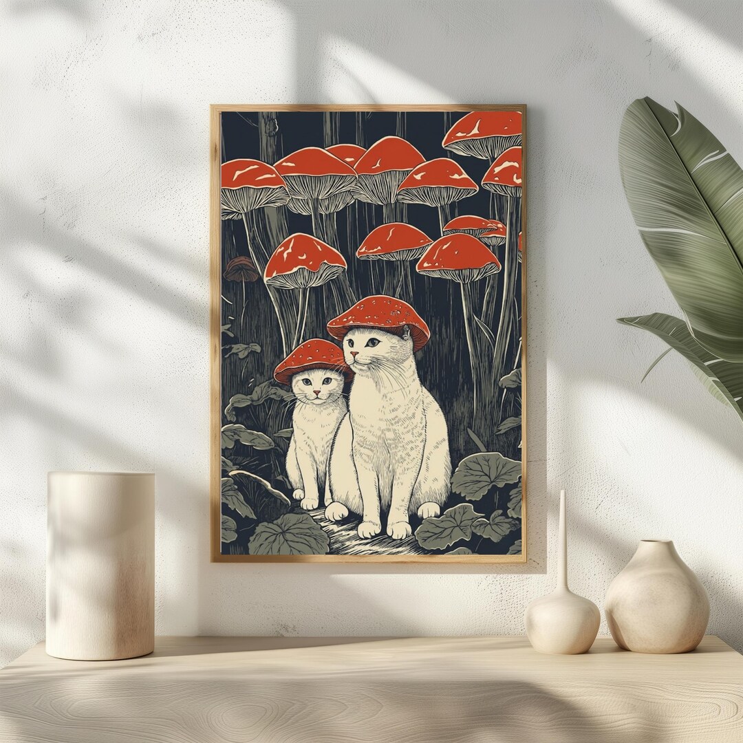 Two Cats With Mushroom Hats Print, Cat Mom Gift, Vintage Linocut Art ...