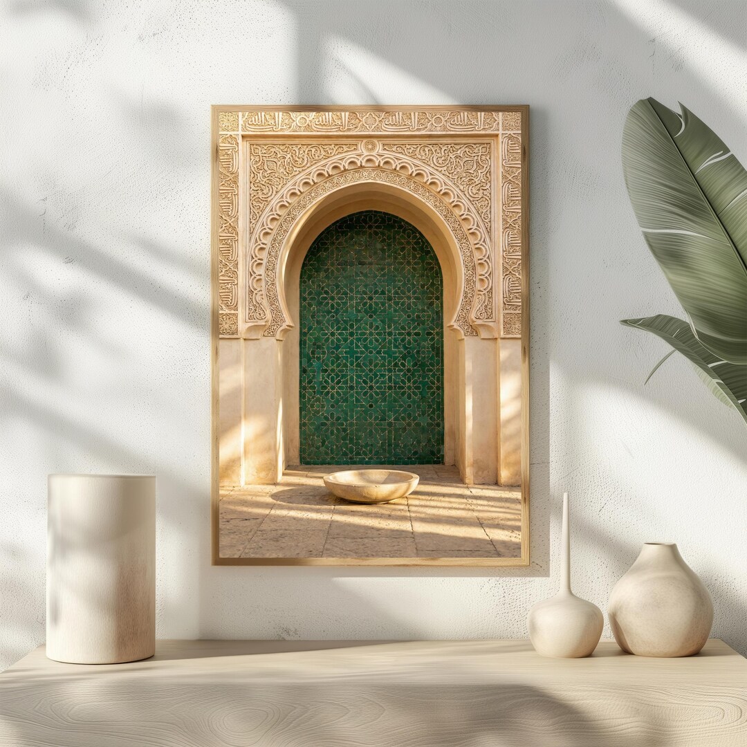 Emerald Green Zellige Mihrab Wall Art, Moroccan Archway Print, Islamic ...