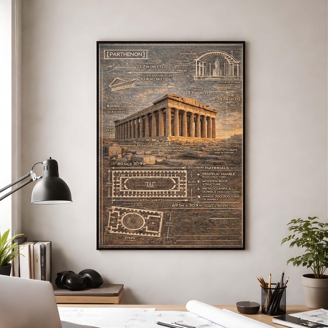Parthenon Blueprint Poster, Ancient Greece Wall Art, Architect Gift ...