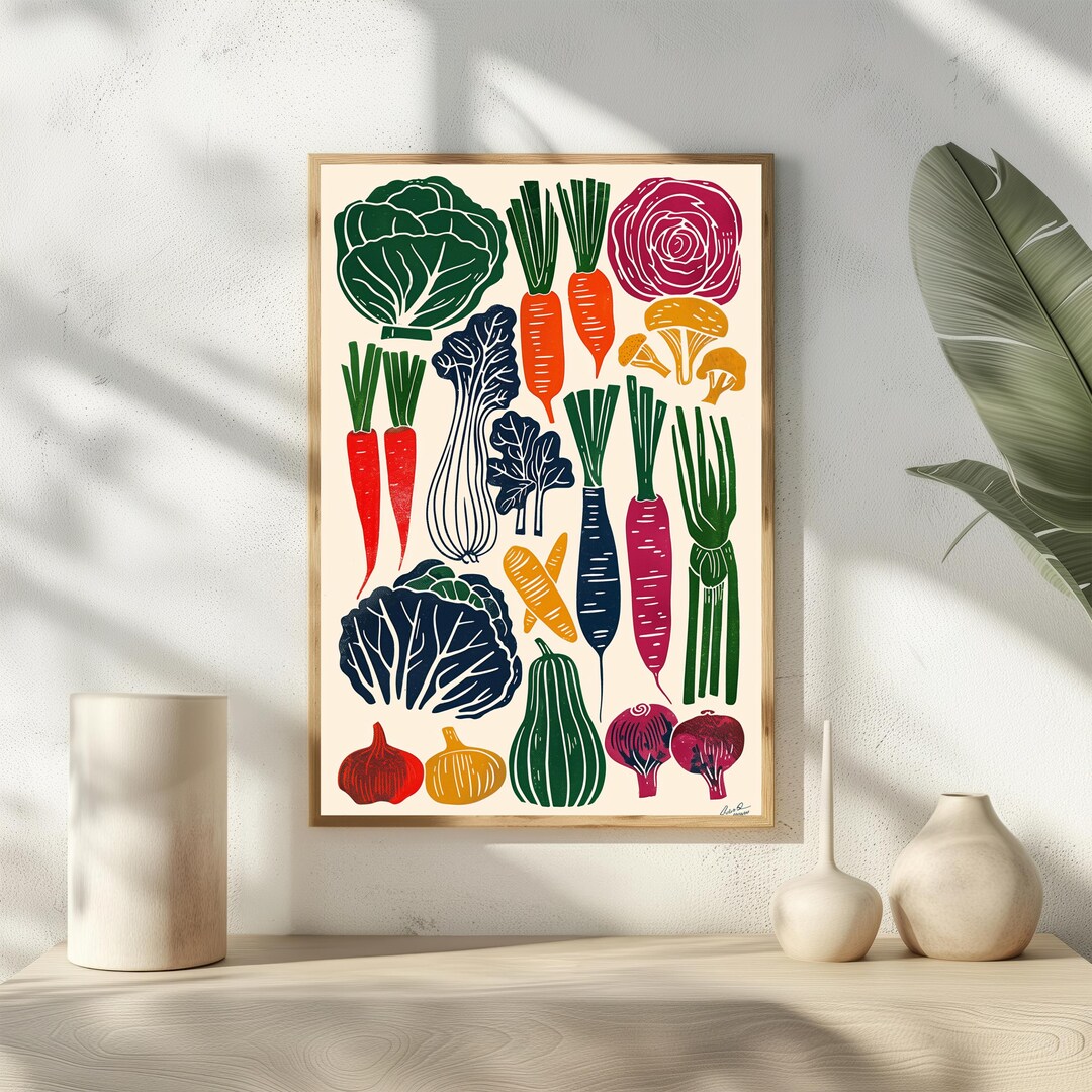 Root Vegetable Kitchen Art | Linocut Mushroom & Carrot Print | Rustic ...