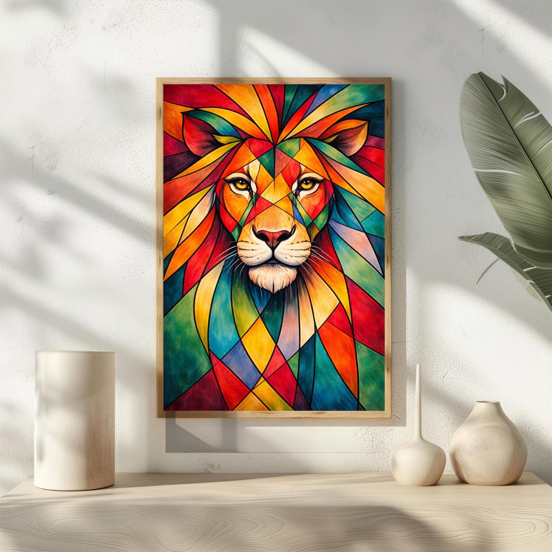 Geometric Lion Wall Art, Colorful Cubist Poster, Stained Glass Animal ...