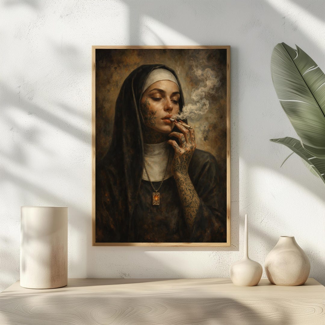 Tattooed Nun Smoking Print, Dark Academia Wall Art, Edgy Religious ...