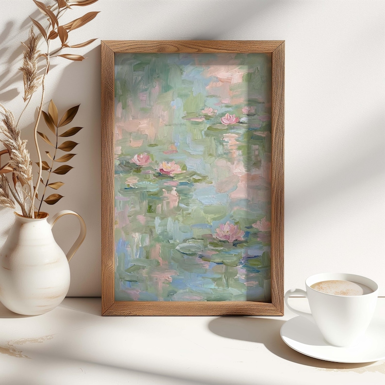 Abstract Water Lily Pond Print, Sage Green and Pink Wall Art, Textured ...
